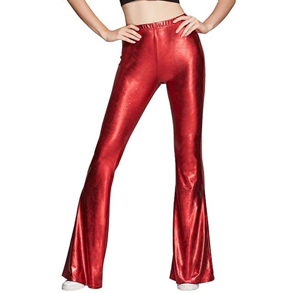 BELOVING Free Shipping Women's Shiny Metallic Flared Pants High Waisted ...