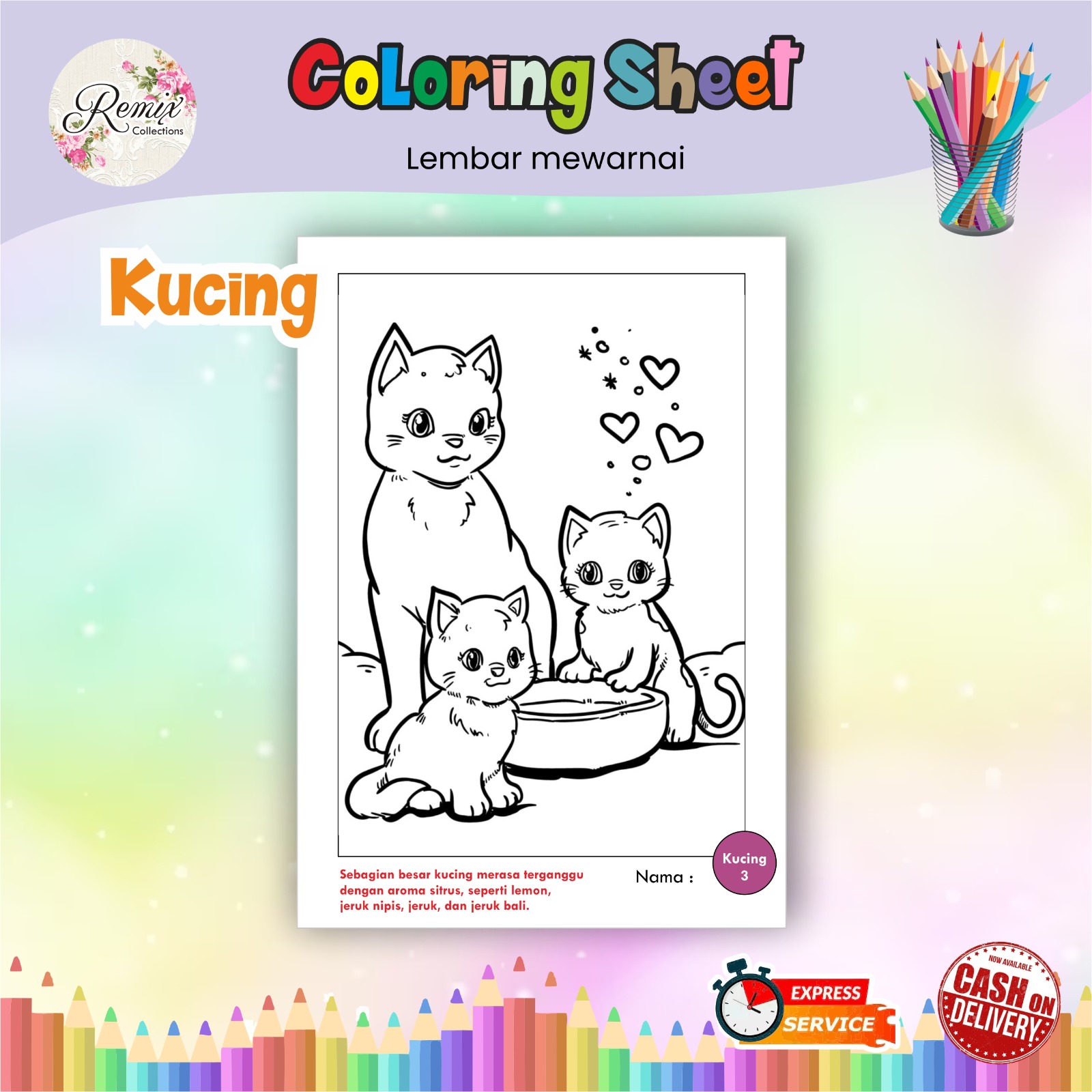 Kertas Mewarnai Anak TK SD / Kertas Gambar / Kertas Warna tema Kucing ...