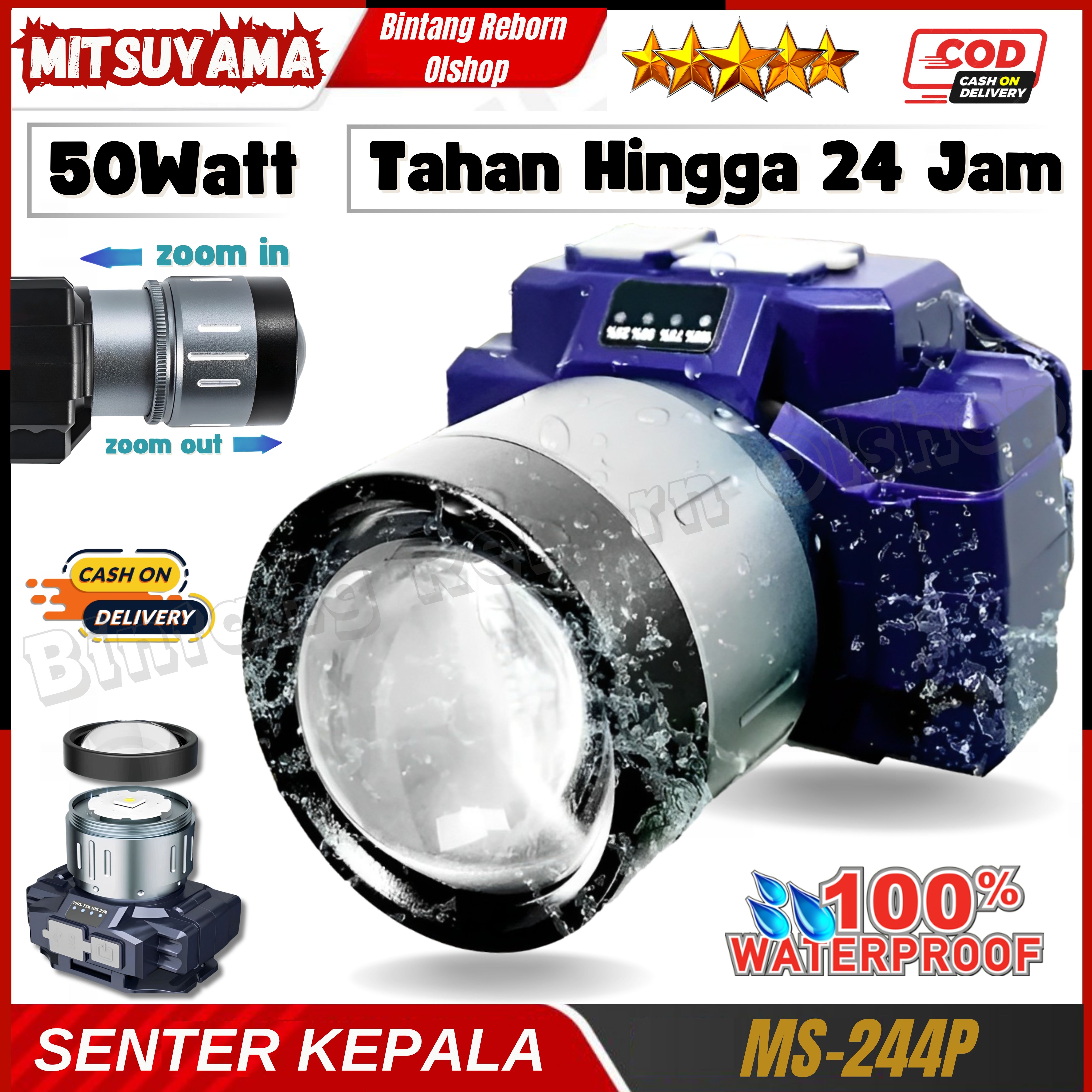 Senter Kepala / Headlamp Super Terang Mitsuyama Ms-244P | Headlamp 50 Watt Cahaya Putih Tahan ...