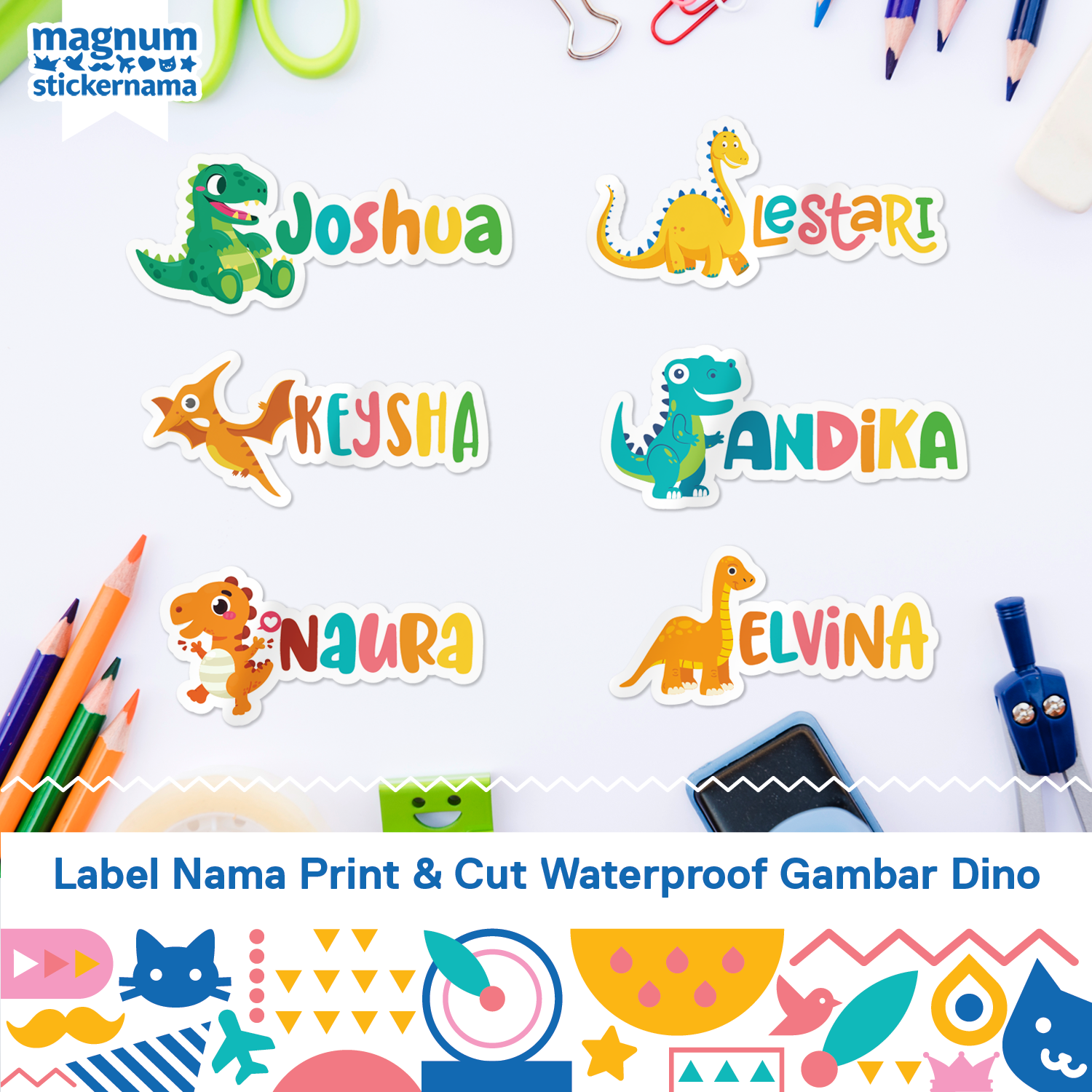 Label Nama Waterproof, Stiker Nama Print and Cut Gambar DINOSAURUS ...