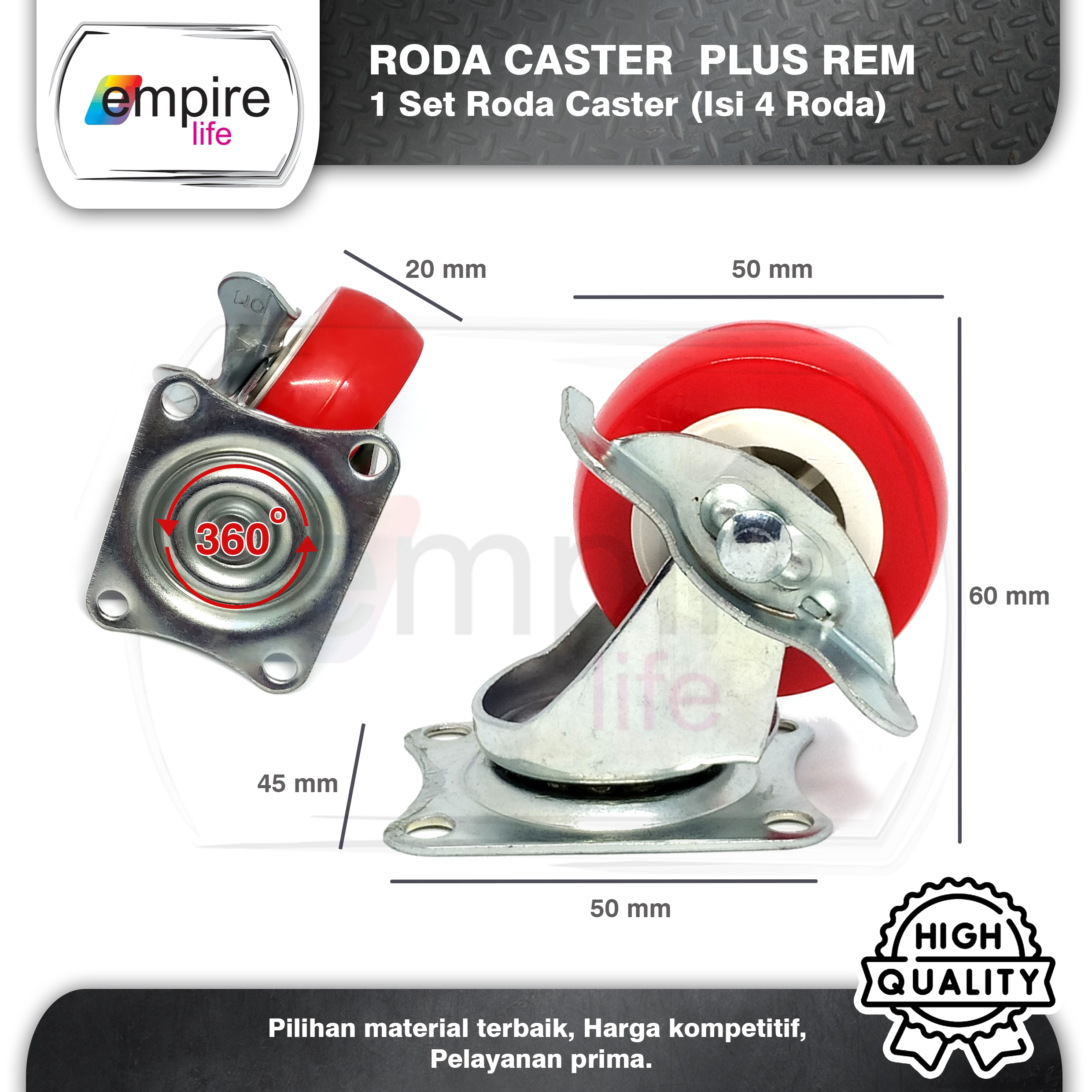 Roda Caster / Roda Merah Nylon / Roda Etalase + Rem 50mm (2inch) 1 pcs ...