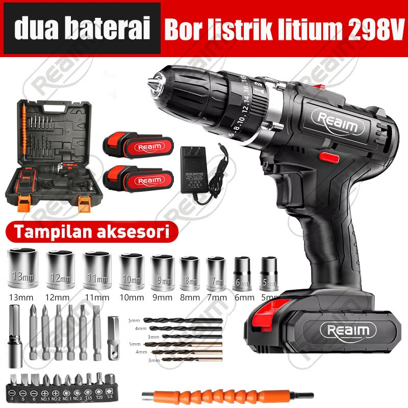 Reaim Bor Cordless Bor Baterai Mesin Cordless Screwdriver Multifunction ...
