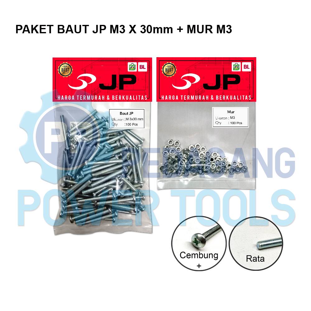 PAKET 2 SET BAUT MUR 3x30 BAUT JP M 3 x 30 MM MUR M3 SKRUP ISI 100 PCS | Lazada Indonesia