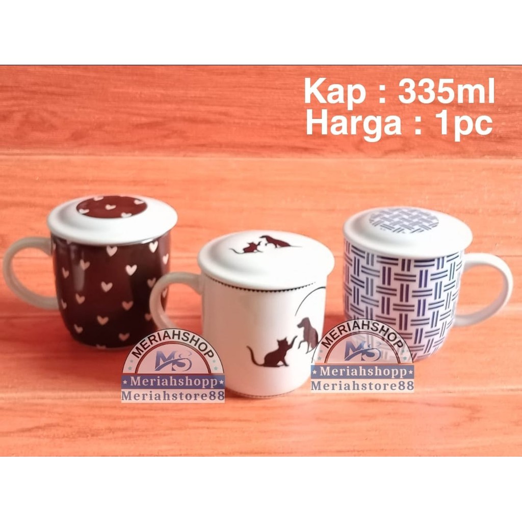 Cangkir Gelas Mug 335ml Keramik TEBALL plus Penutup Kopi Teh Air ...