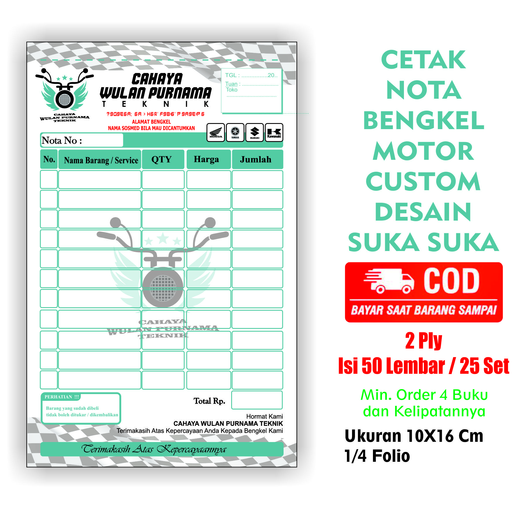 Cetak Nota Bengkel Motor Custom 2ply Isi 50 Lembar Cetak Nota Custom ...