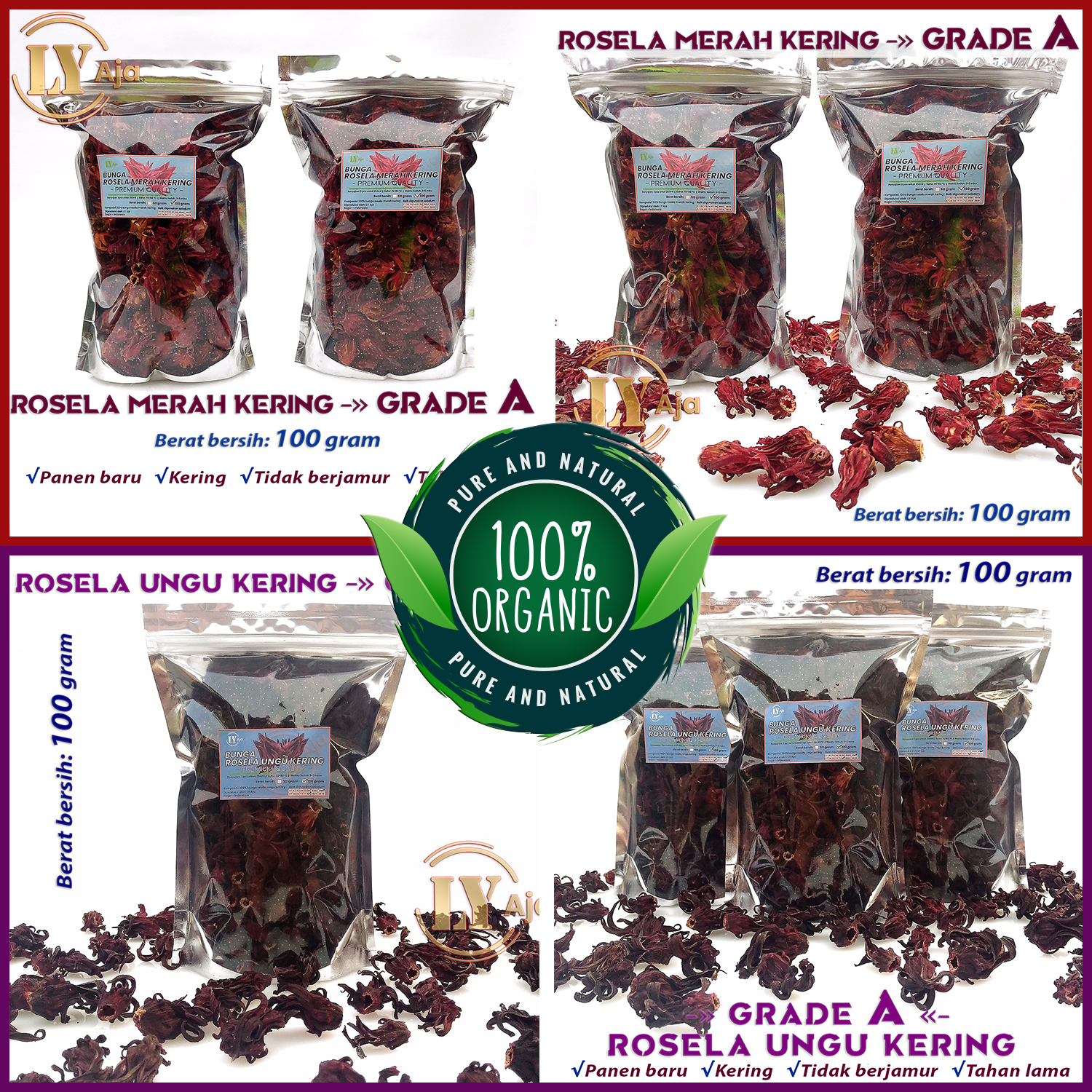 Teh Bunga Rosella Merah Rosela Ungu 100 gram LY Aja Kering Grade A ...