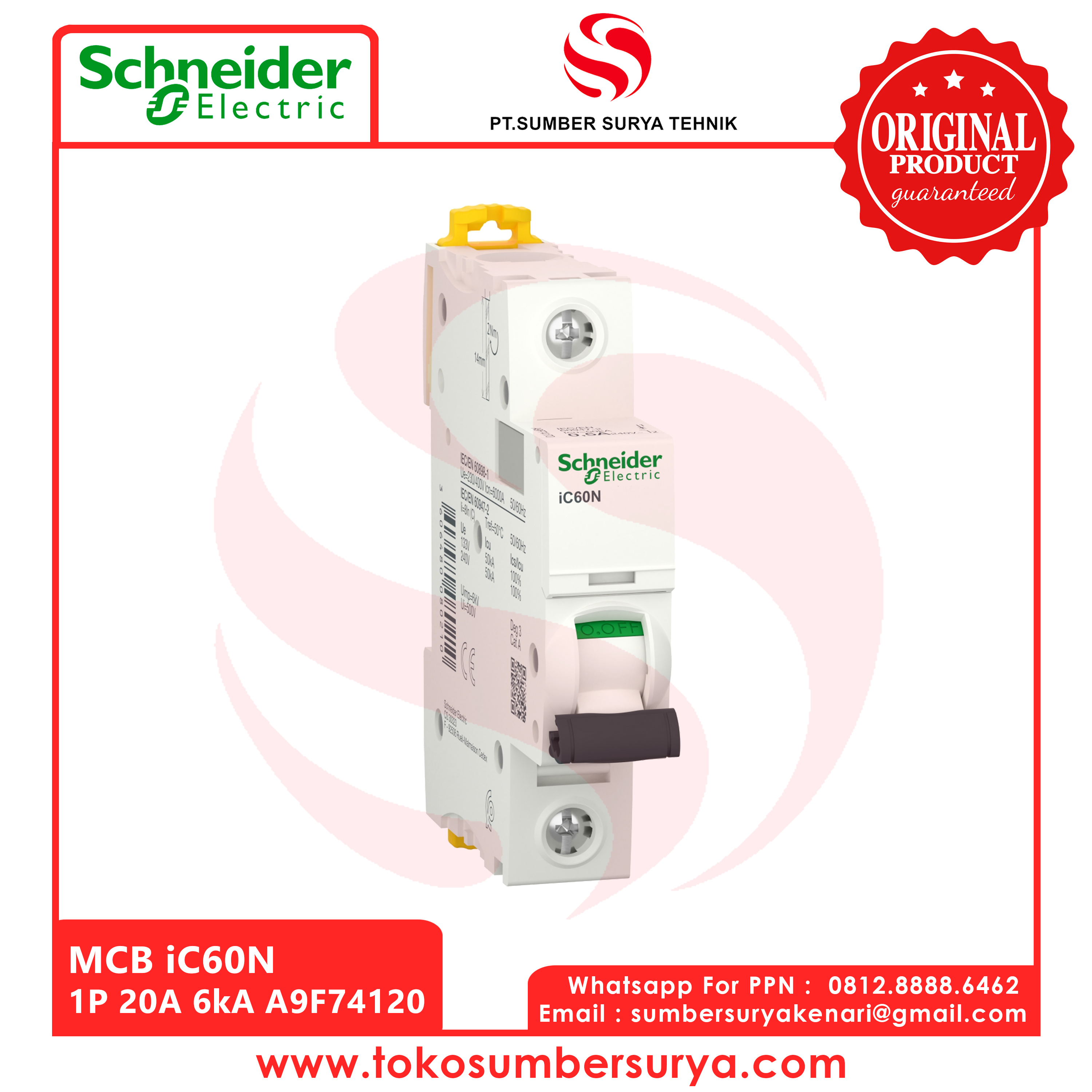 MCB Mini Circuit Breaker iC60N 1P 20A 6kA Saklar Listrik ON OFF A9F74120 SNI Asli Ori Schneider ...