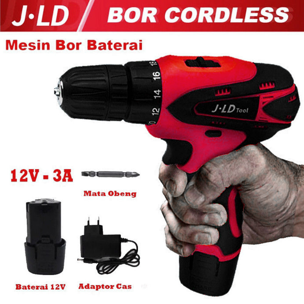 Mesin Bor Baterai 12V - 3A Cordless Drill 10mm JLD Set Alat Bor Tangan ...