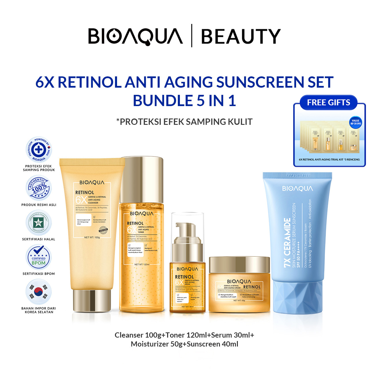 BIOAQUA 6X Gentle-A Retinol Perawatan Peremajaan Kulit Paket Skincare ...