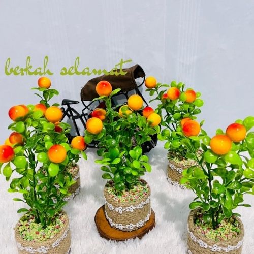 Furniture hiasan bunga buah jeruk manis artifisial dengan pot karung ...