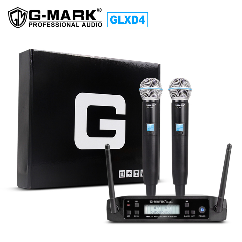 Mikrofon Nirkabel G-MARK GLXD4 UHF Profesional Dual Channel SM58 Dinamis Mic untuk Pidato ...