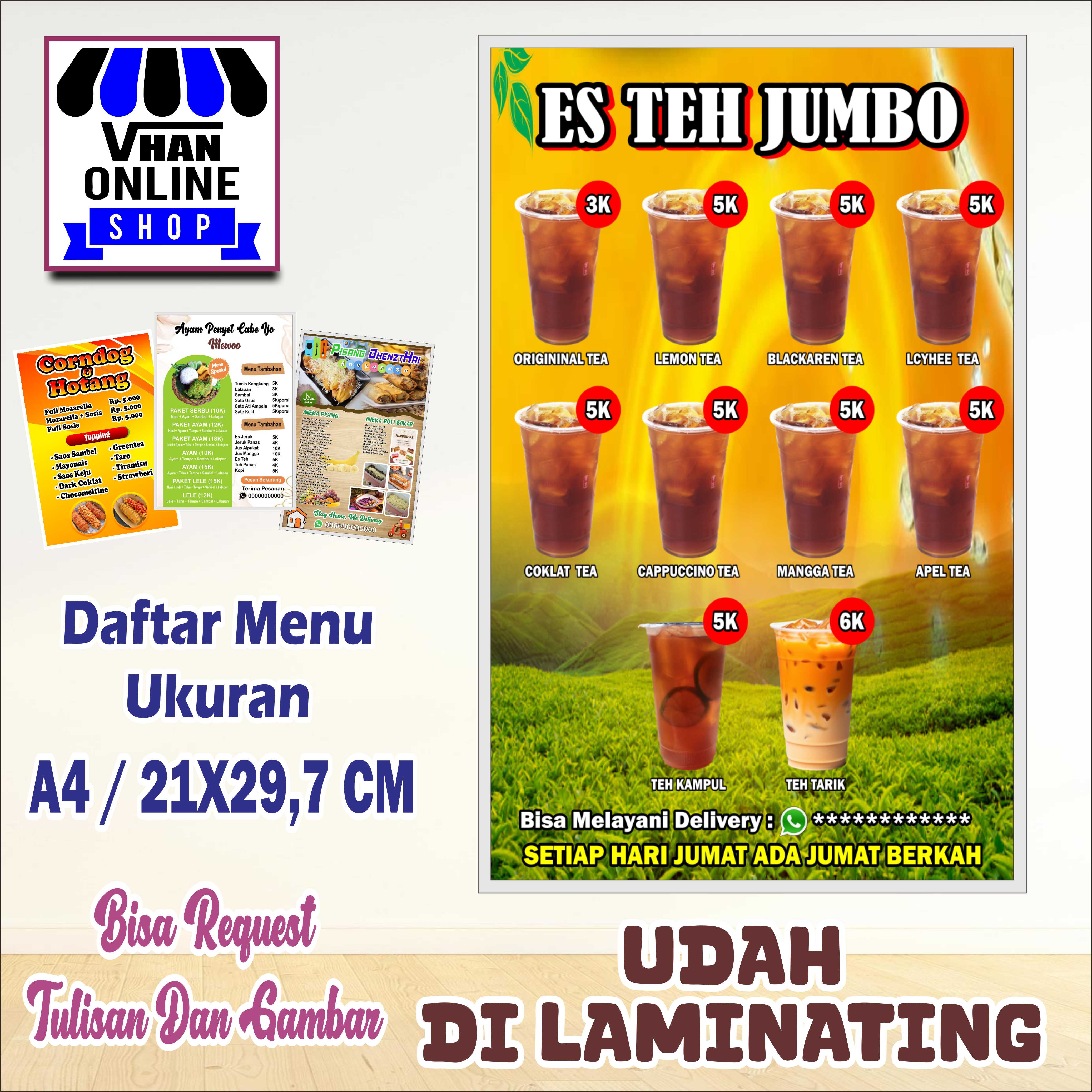 Cetak Daftar Menu Bahan Kertas Dilaminating Es Teh Jumbo Keren Murah ...