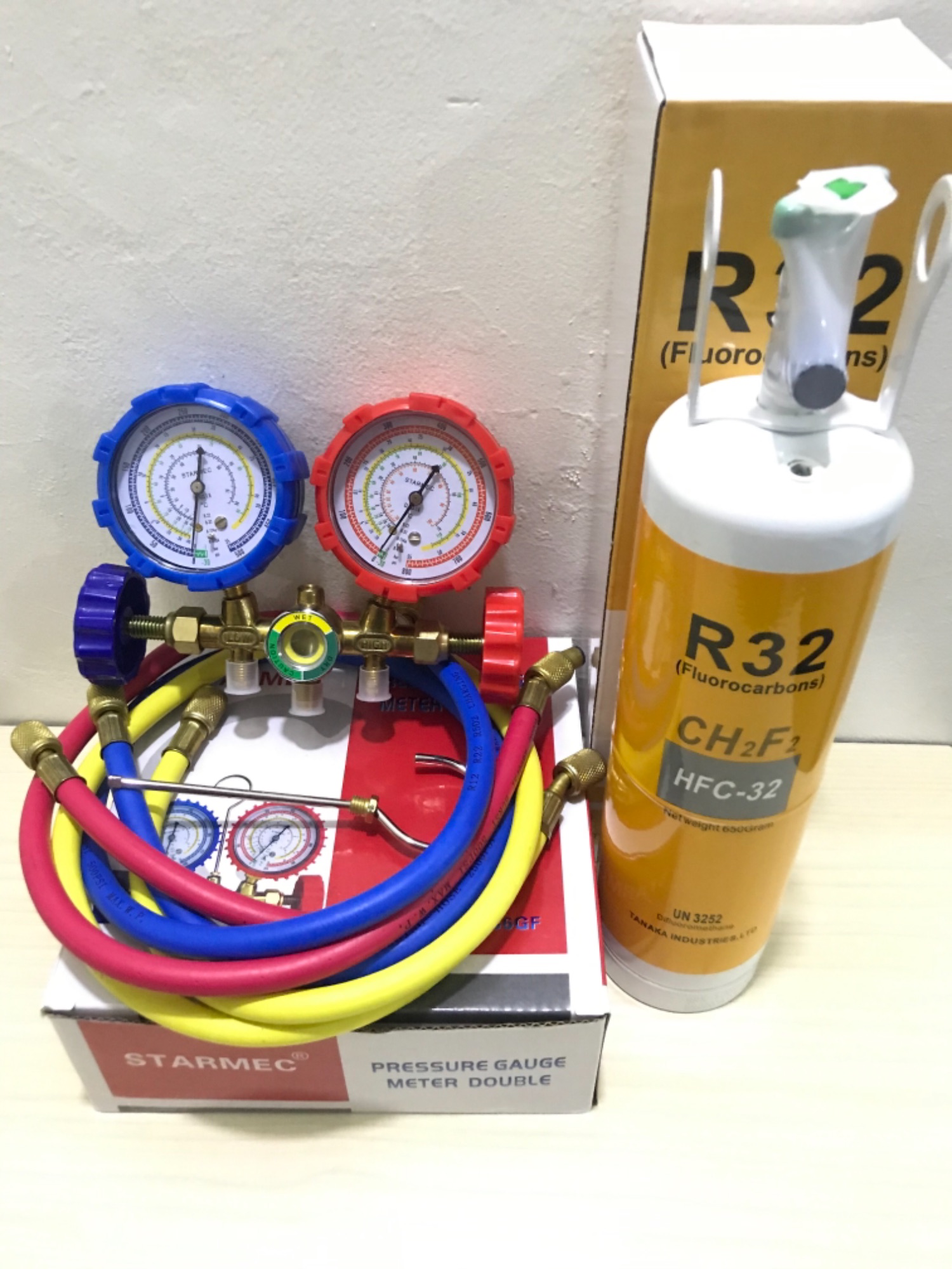 Paket isi freon AC R32 dengan double manifold multi. tinggal pakai ...