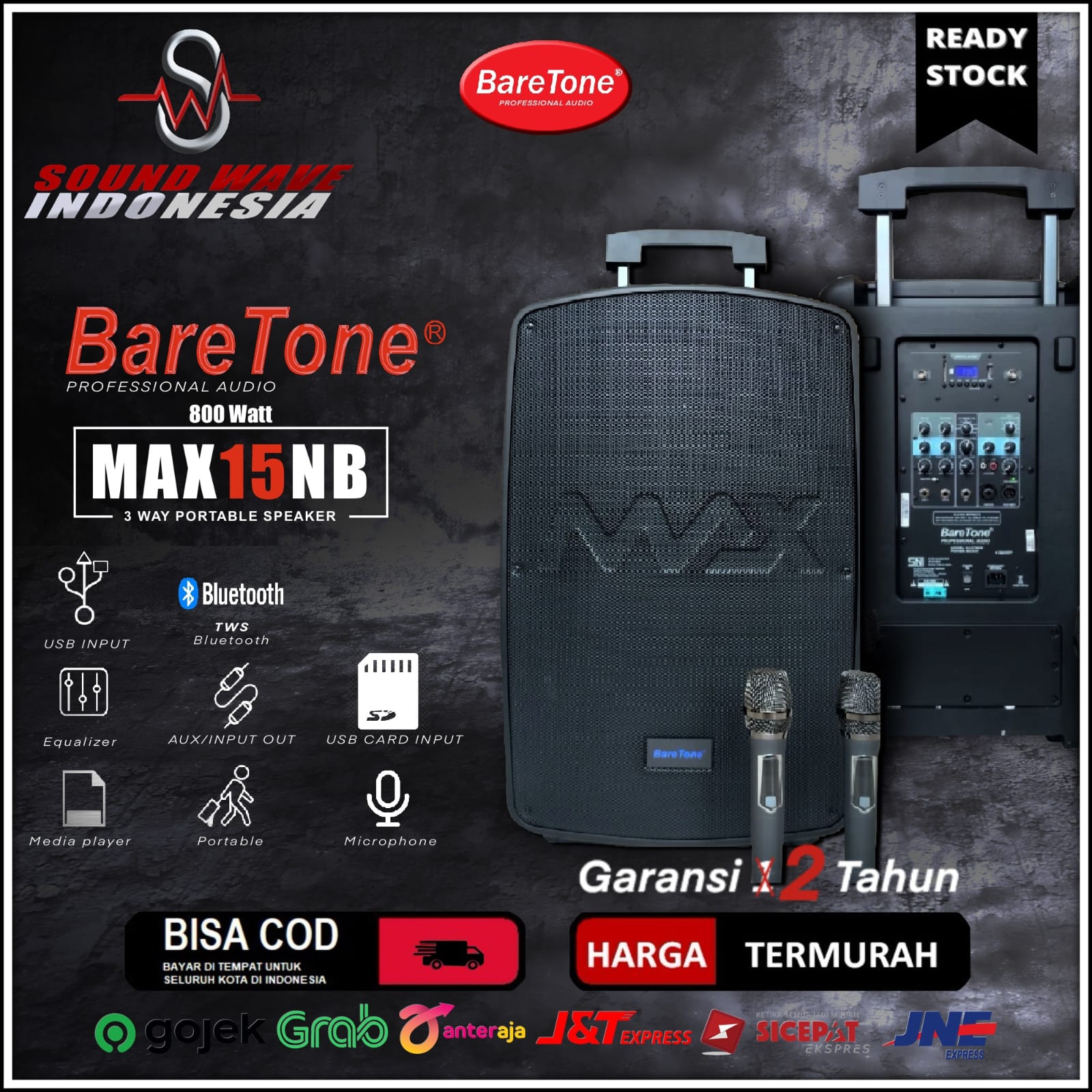 BARETONE MAX15NB SPEAKER PORTABLE MAX 15NB 15 inch 800WATT ORIGINAL ...