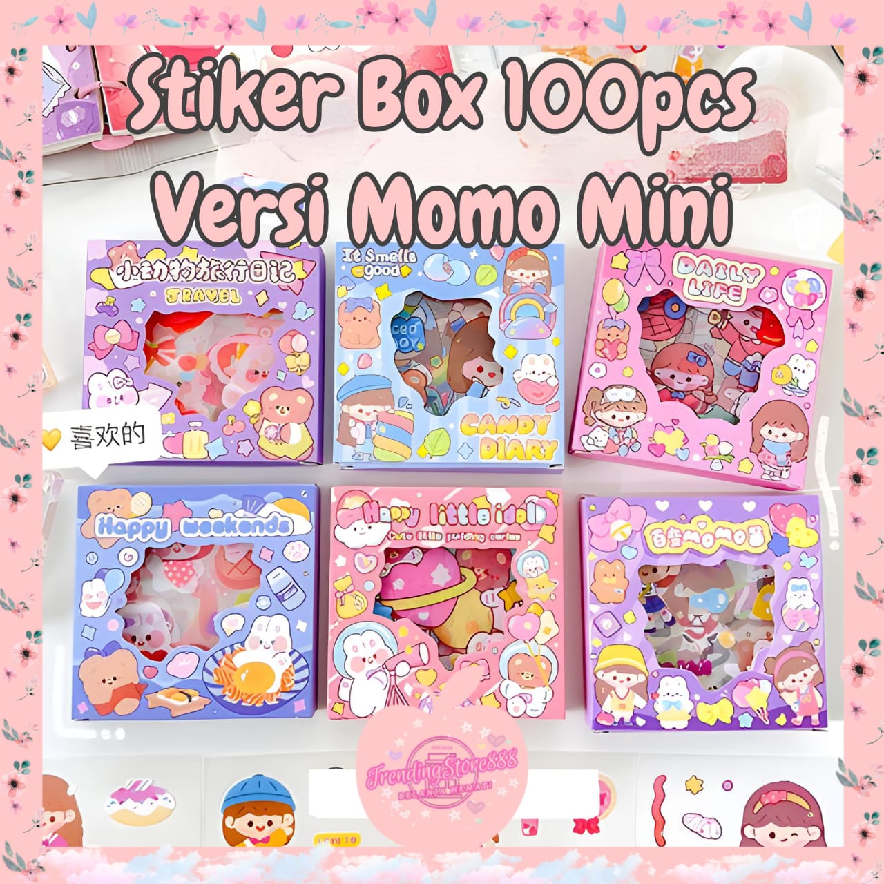 100 Lembar Stiker Momo Box Mini kotak kecil cartoon/Stiker momojan mini ...