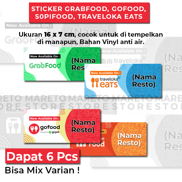 Sticker Gofood, Grabfood untuk resto ukuran 16x7cm Dapat 6 sticker ...
