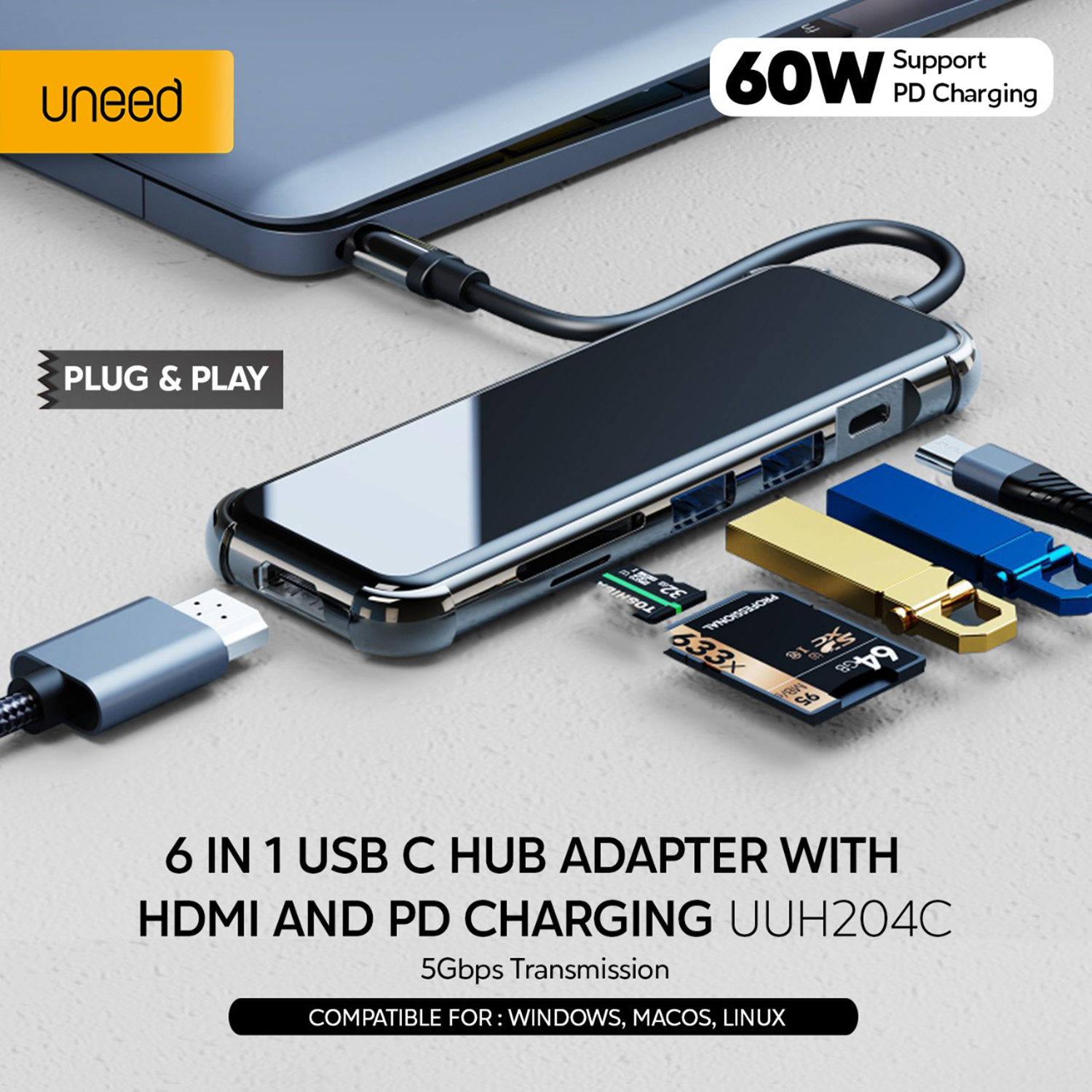 UNEED USB Hub Type C to HDMI Thunderbolt 3 USB 3.0 PD 60W - UUH204C ...