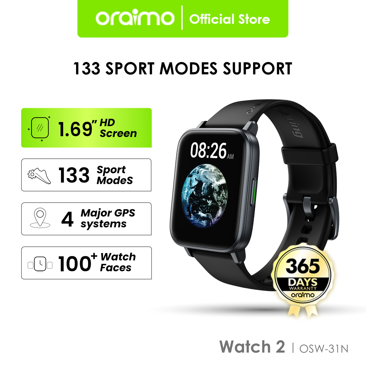 Oraimo Watch 2 Smart Watch 1.69" Screen Jam Tangan Pintar GPS 133 Sport ...