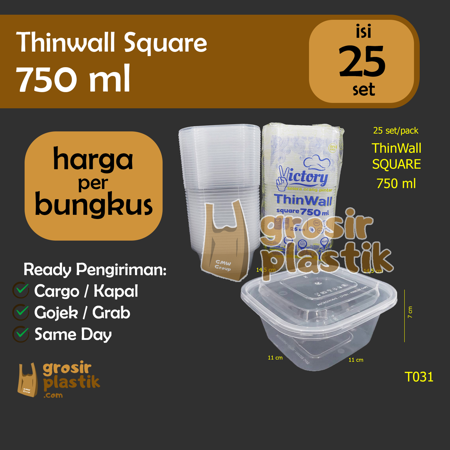 T031 Kotak Makan Plastik 750 ml isi 25 set Thinwall Victory Square ...