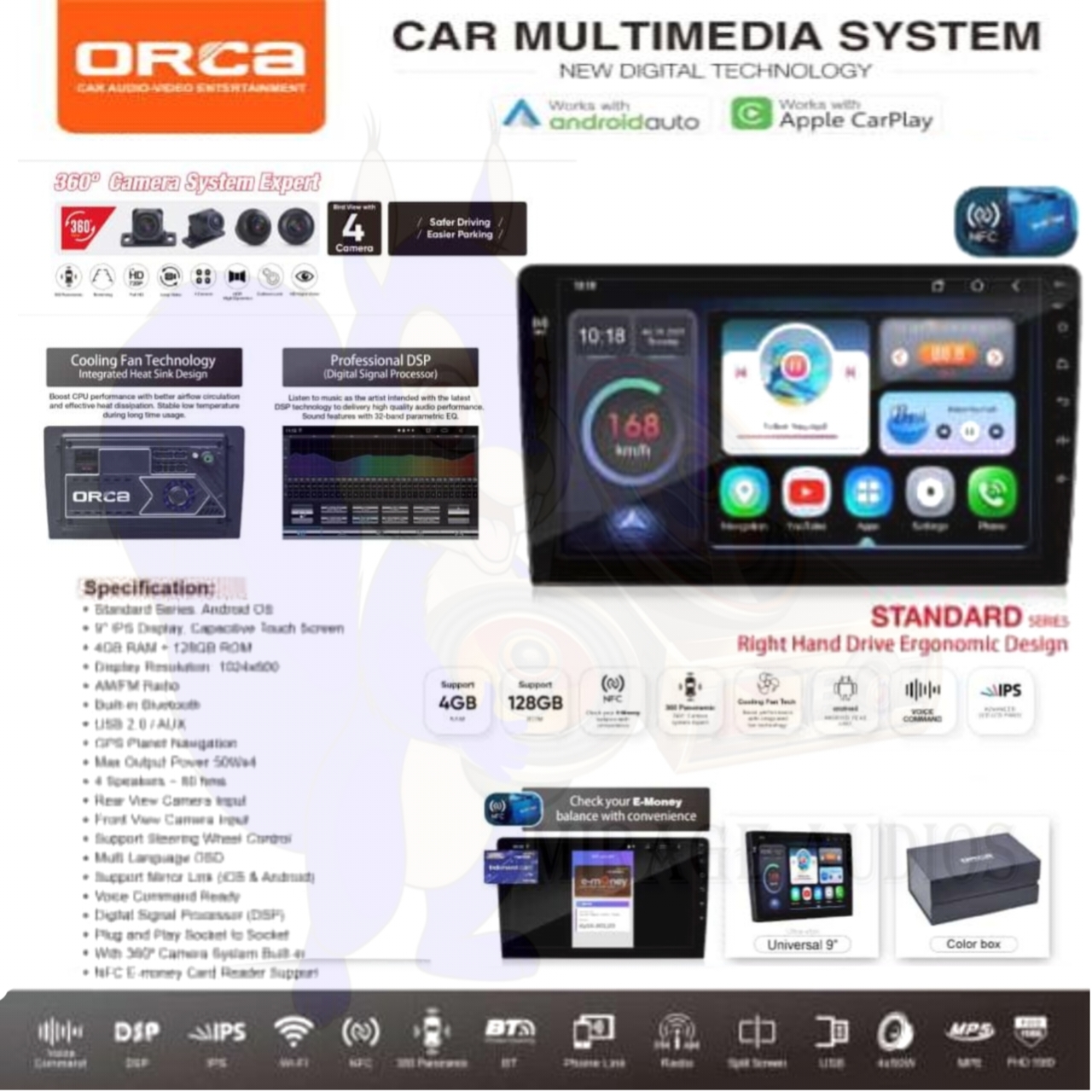 Head Unit Android Orca New Standar NFC 10 inch Plus Camera system 360 ...
