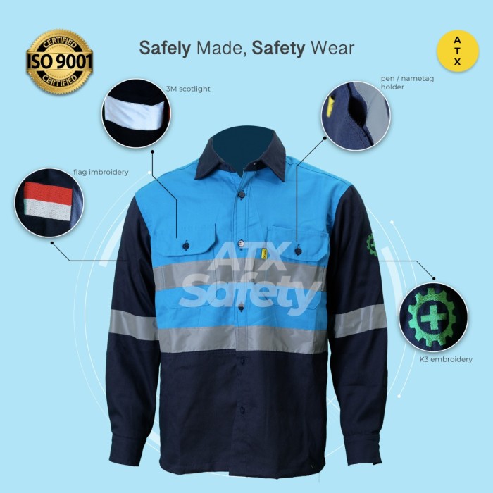 Wearpack Safety Baju Kerja Lengan Panjang Kombinasi Biru PLN Navy ATX ...
