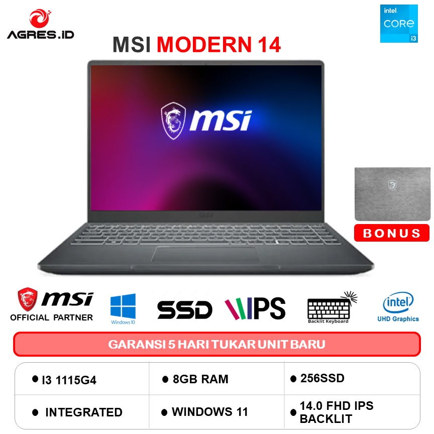 LAPTOP MSI MODERN 14 INTEL CORE I3 1115G4 RAM 8GB MEMORI 256SSD OS W11 ...