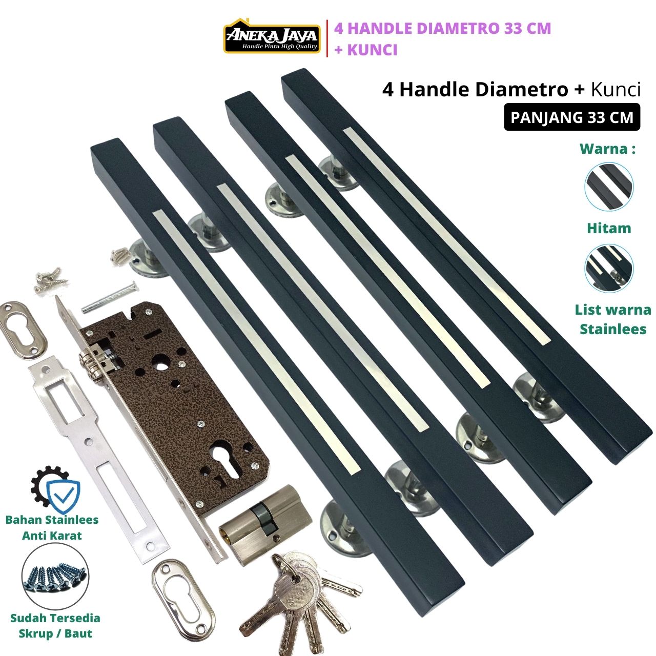 Handle Pintu Utama Set Kunci 33 cm Hitam doff Tarikan Pegangan Handle ...