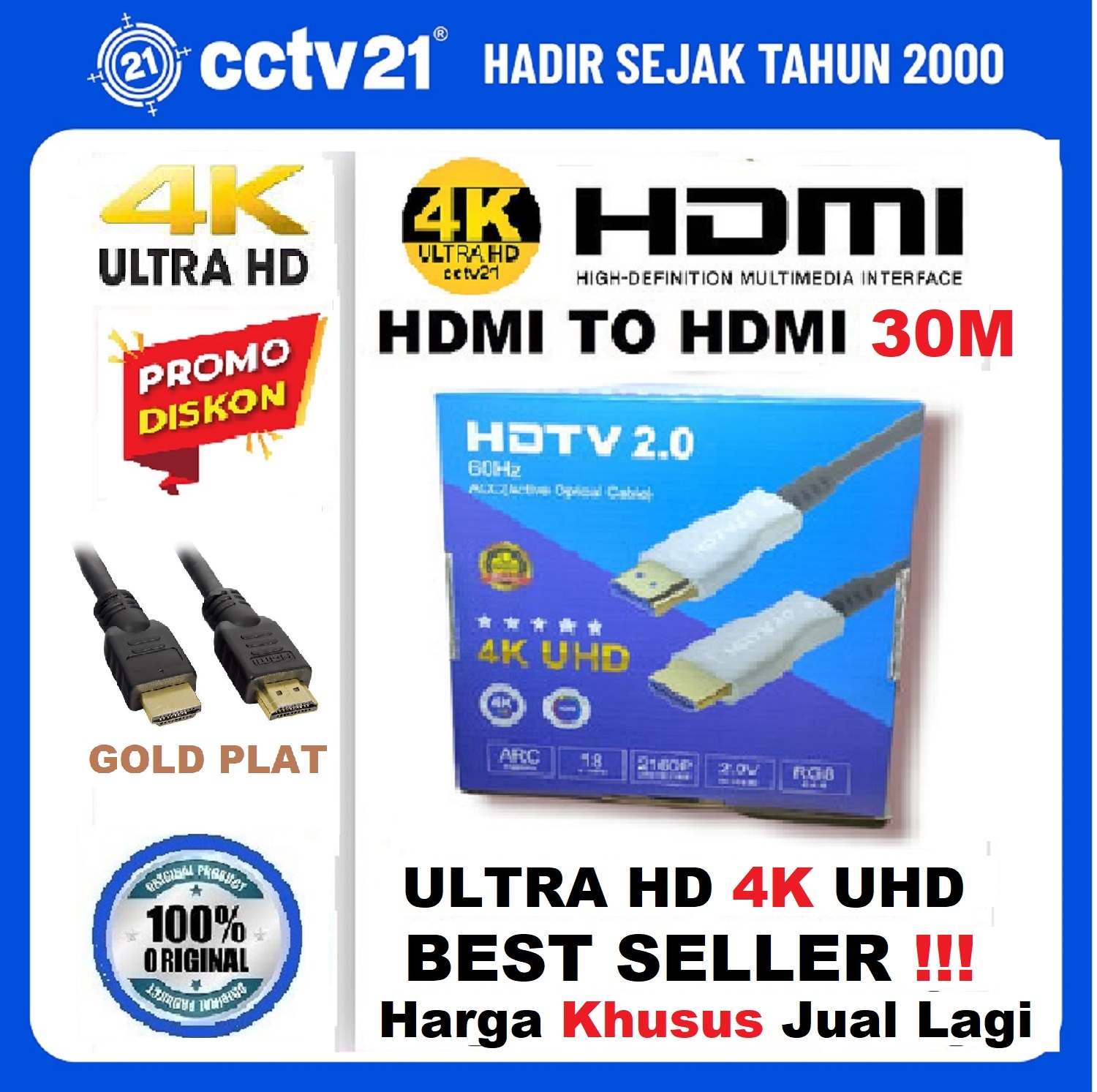 Kabel HDMI to HDMI High Speed 4K 30M 30 Meter HDTV 2.0V Gold Plate ...