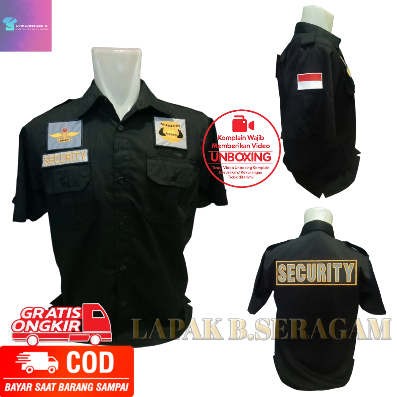 HEM KEMEJA HITAM SECURITY LOGO WINGS EMBLEM NYALA VELCRO DAPAT DI LEPAS ...