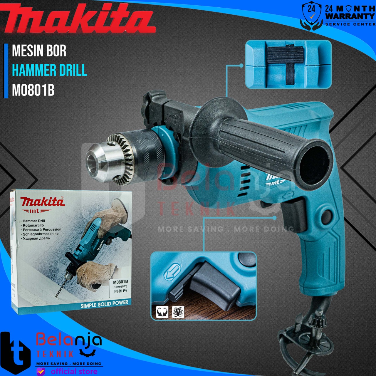 Makita MT Mesin Bor Tembok Tangan M0801B Impact Drill 16 MM M 0801 B | Lazada Indonesia