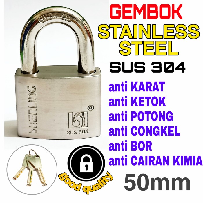 GEMBOK STAINLESS 50mm ANTI POTONG/CONGKEL ANTI CAIRAN KIMIA ANTI BOR ...