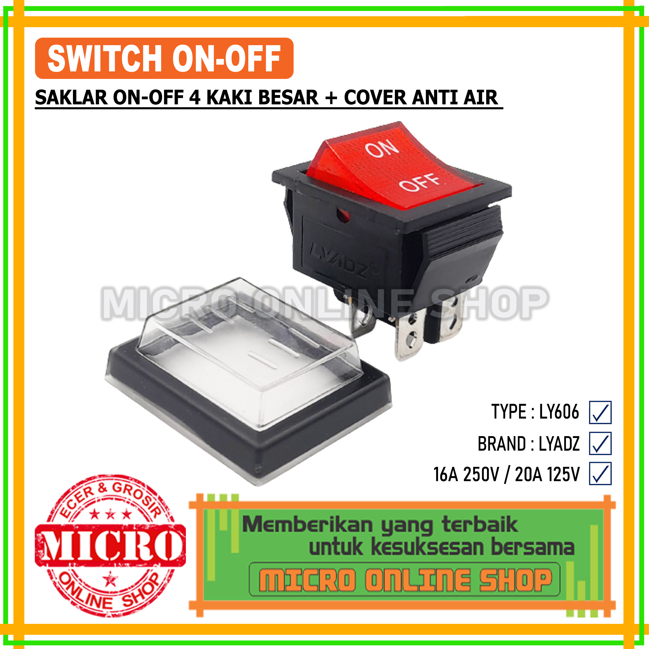 Saklar On-Off 4 Kaki Besar Lampu Merah + Cover Waterproof Anti Air Switch On-Off 4 Pin anti Air ...