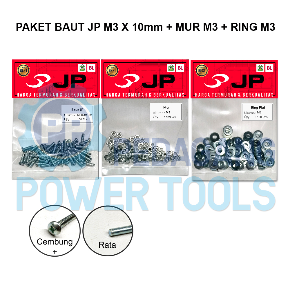 PAKET 3 SET JP M 3x10 BAUT MUR RING PLAT M 3 x 10 MUR M3 ISI 100 PCS ...