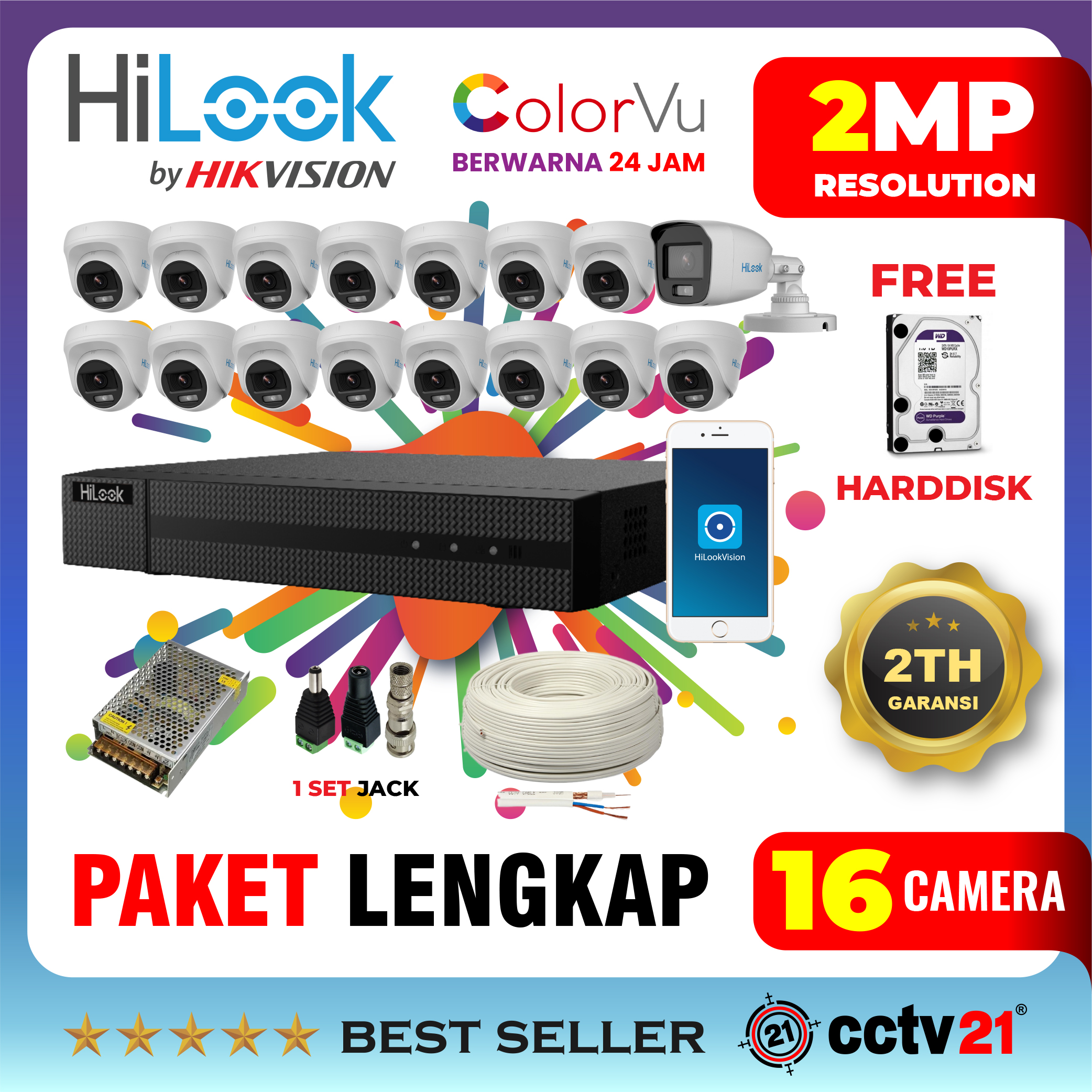 Paket 16 Camera COLORVU Full Color HILOOK 2MP 24Jam Selalu Berwarna DVR 16Ch+Kabel 100M Harga ...