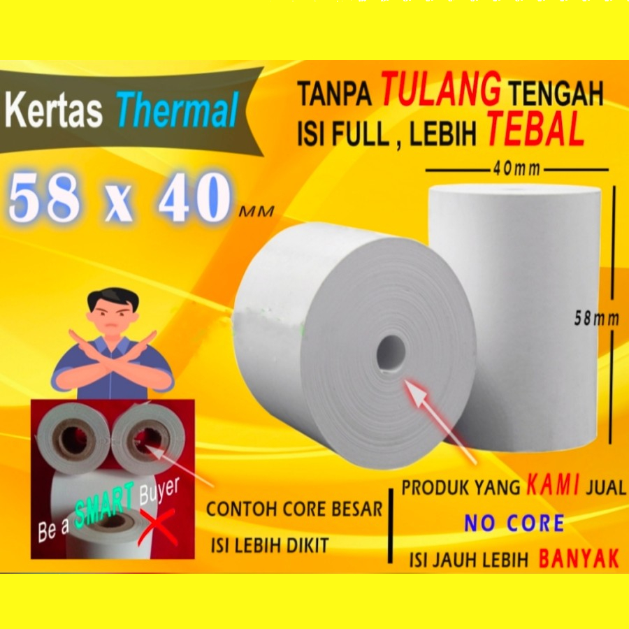 Kertas Printer Thermal No core Lebih Tebal Ukuran 58 x 40 mm Struk ...