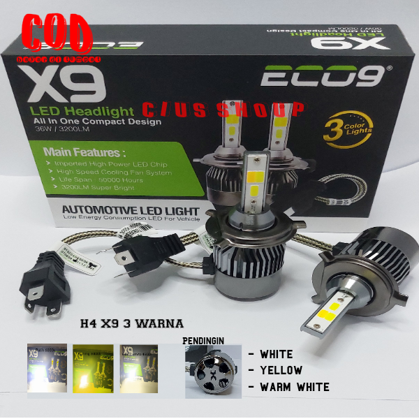 LAMPU LED HEADLAMP FOGLAMP MOBIL H4 H11 HB3(9005) HB4(9006) X9 ECO9 3 WARNA PUTIH, KUNING, DAN ...