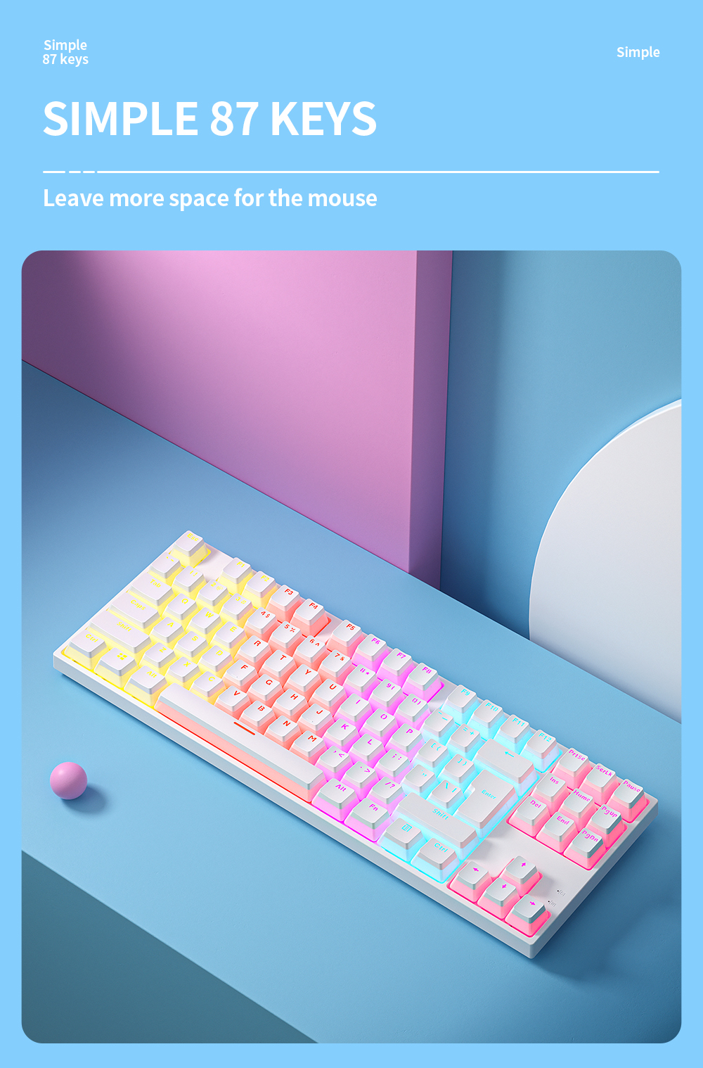 ZIFRIEND KA800 Black 87 Keys RGB Backlit Wired Blue Switch Mechanical ...