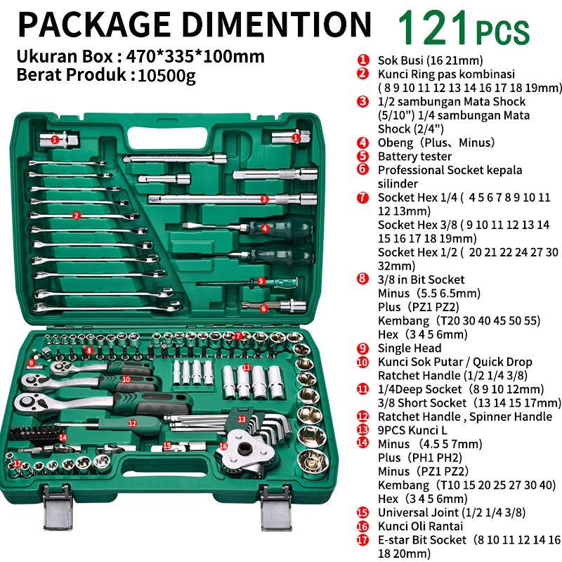 ISKU kunci shock satu set lengkap original Kombinasi 121 pcs 72 gigi ...