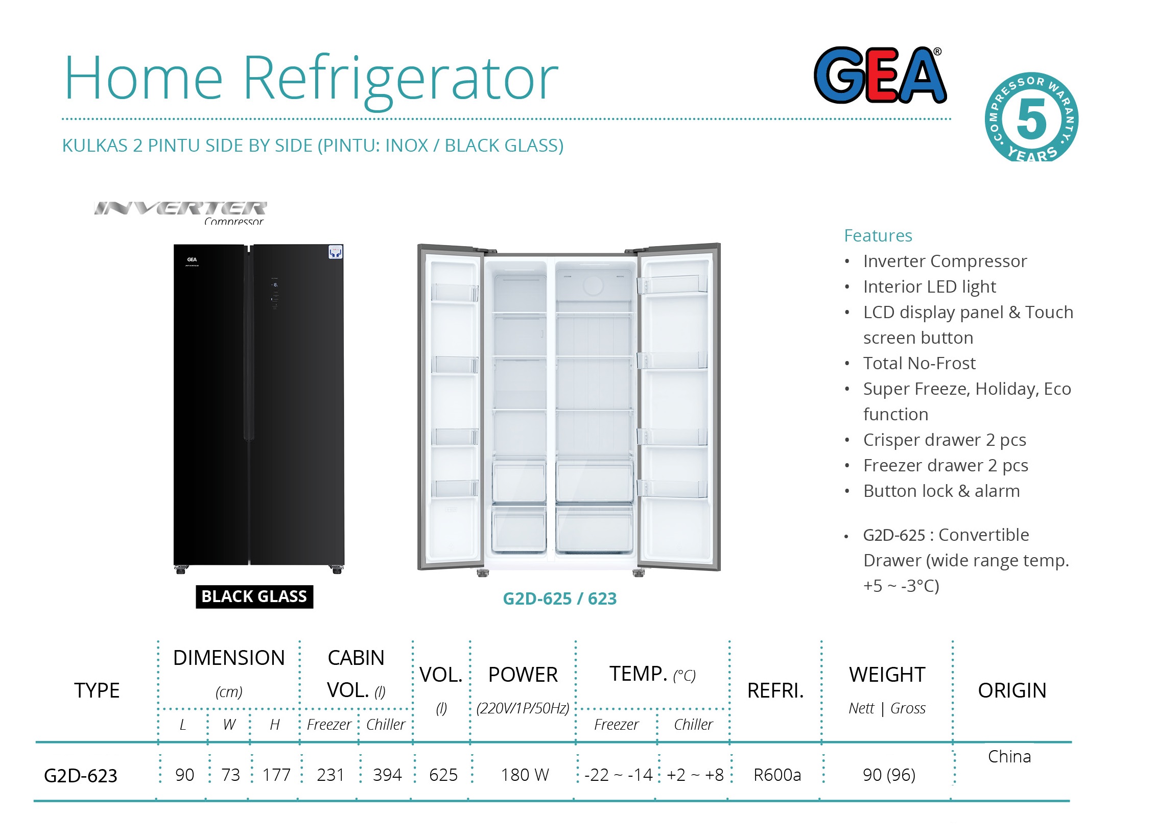 Kulkas 2 Pintu Menyamping Hitam - GEA - TIPE G2D-623 BLACK | Lazada Indonesia