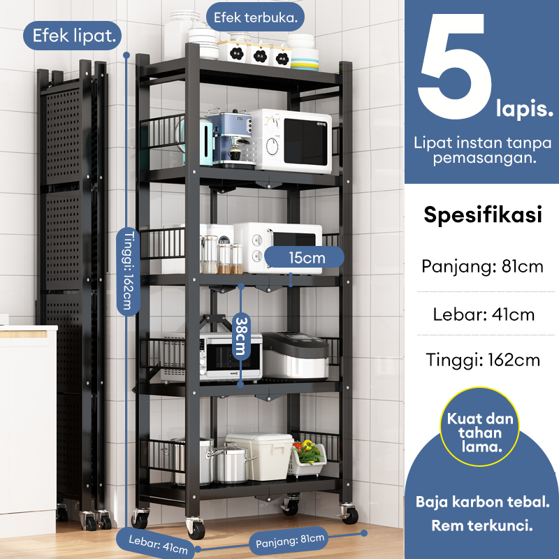Rak Lipat Besi Dapur Lipat 5 Susun Rak Lipat Portable Rak Roda ...