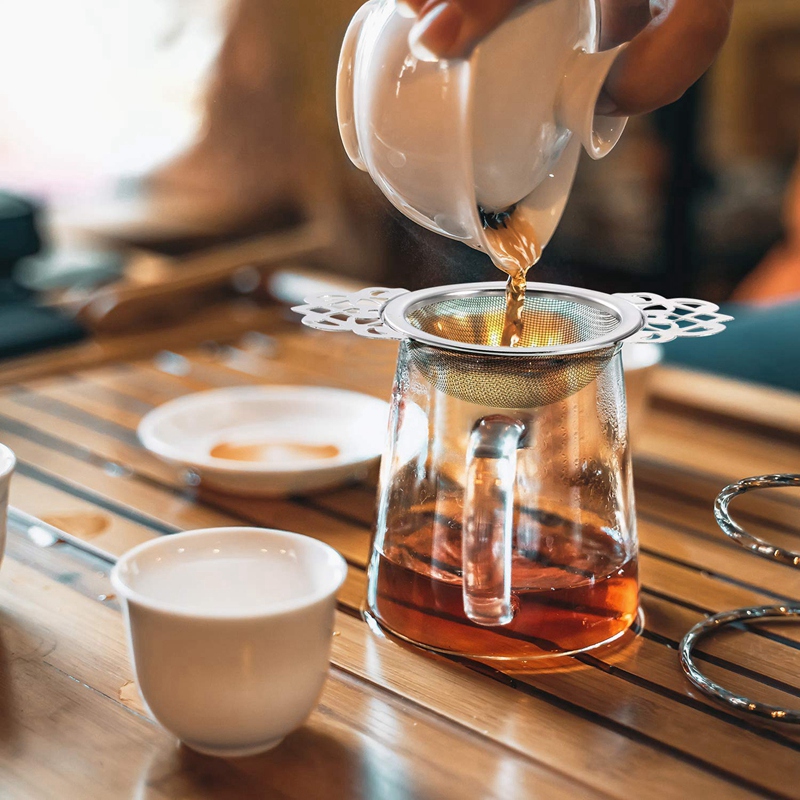Tea Strainer with Dripping Bowl, Mesh Teapot, Stainless Steel Pine Leaf ...