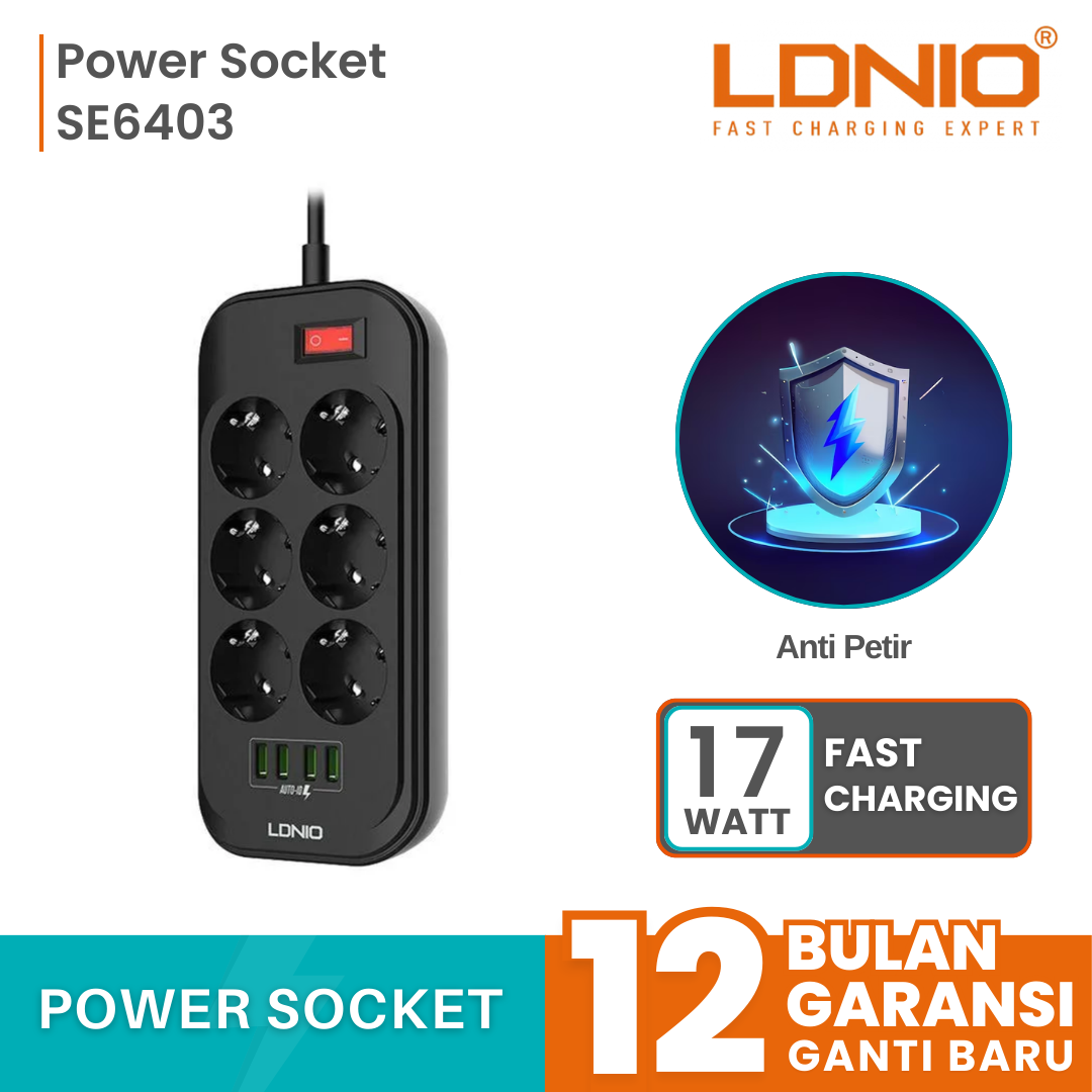 LDNIO SE6403 Power Strip Charger Original 6 Stop Kontak dengan 4 USB Panjang Kabel 2 Meter ...
