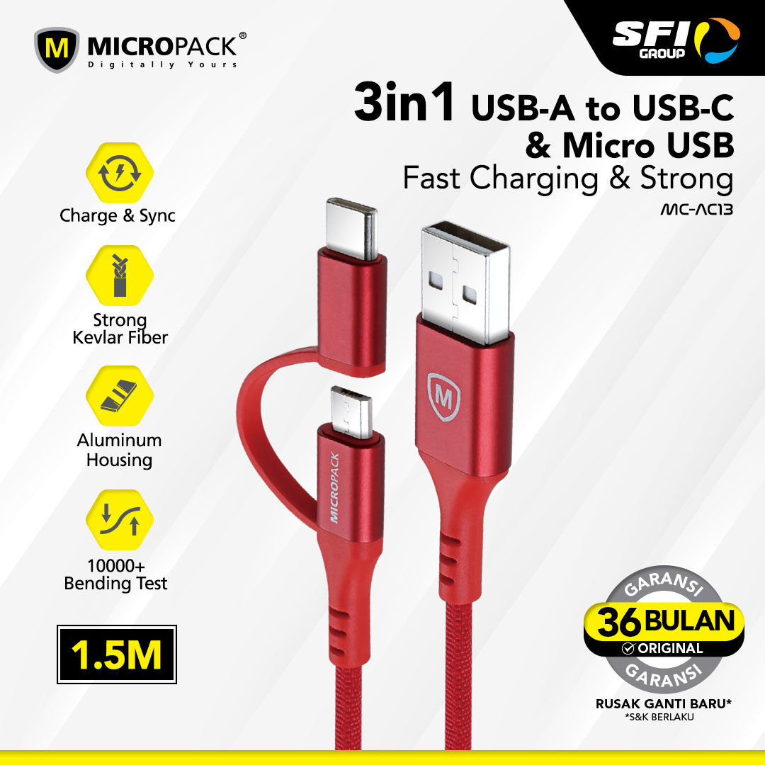 Cable USB-A To Micro & Type-C Micropack Cable Braided Combo 2in1 1.5 ...