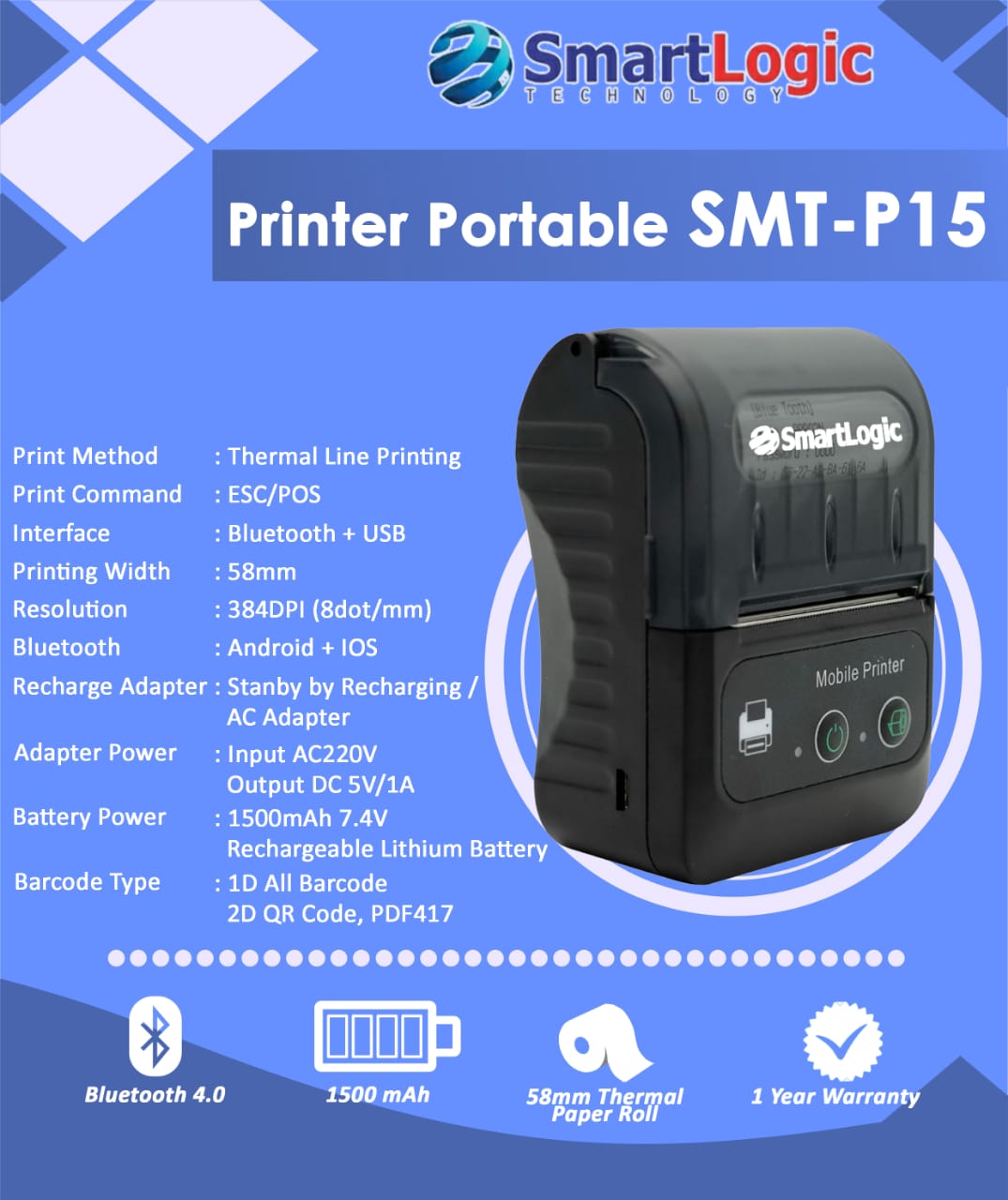 Smartlogic P15 Mobile Printer Bluetooth - Printer Thermal ukuran 58mm | Lazada Indonesia