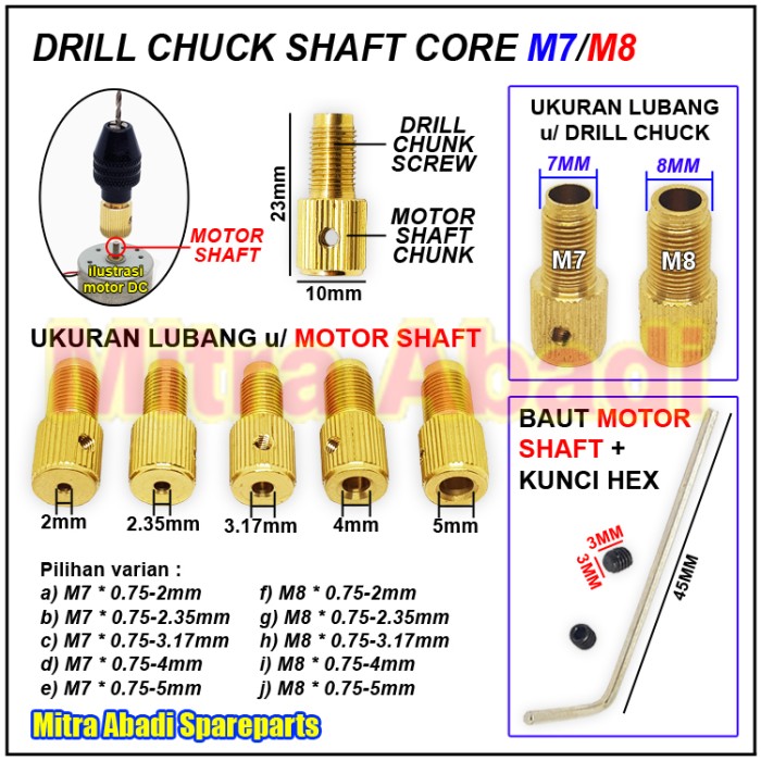 DRILL CHUCK DC MOTOR SHAFT CORE M7 M8 + KUNCI HEX + BAUT KECIL - M7 2mm ...