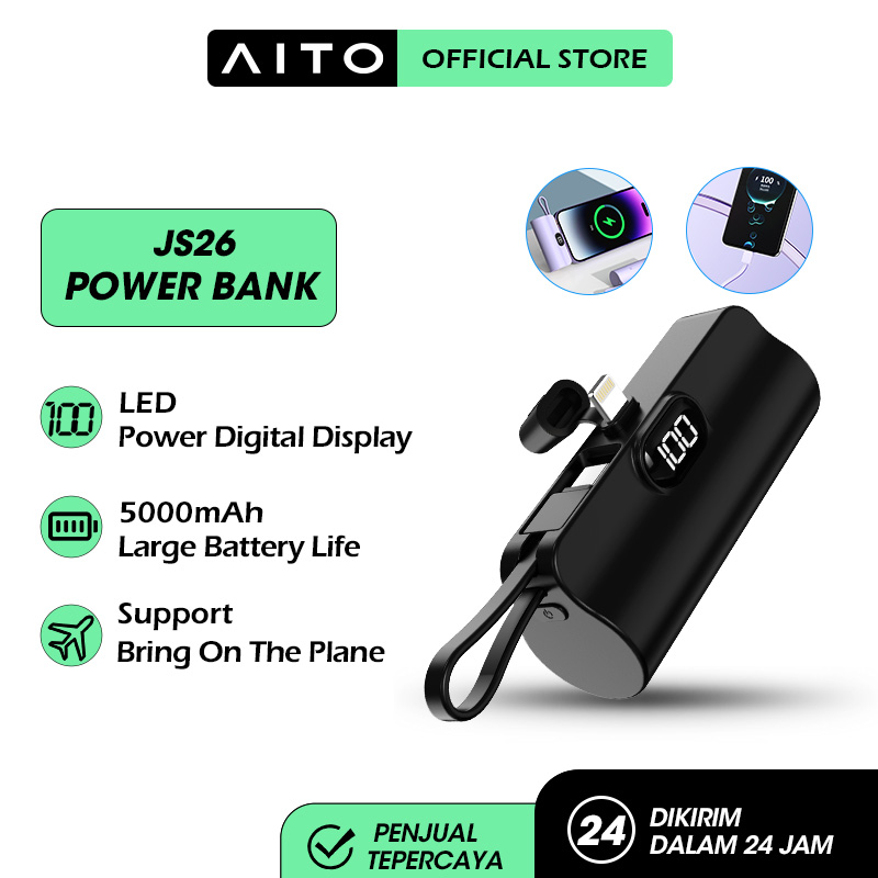 Free Data Cable AITO JS26 Power Bank Wireless Mini 5000mAh Powerbank Awet Tahan Lama Lightning ...