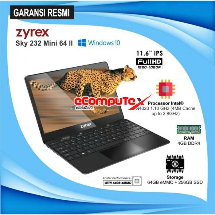 LAPTOP ZYREX SKY 232 / SKY232 MINI 64 II CELERON N4020 RAM 4GB EMMC 64GB 256GB SSD WIN 10 11.6 ...