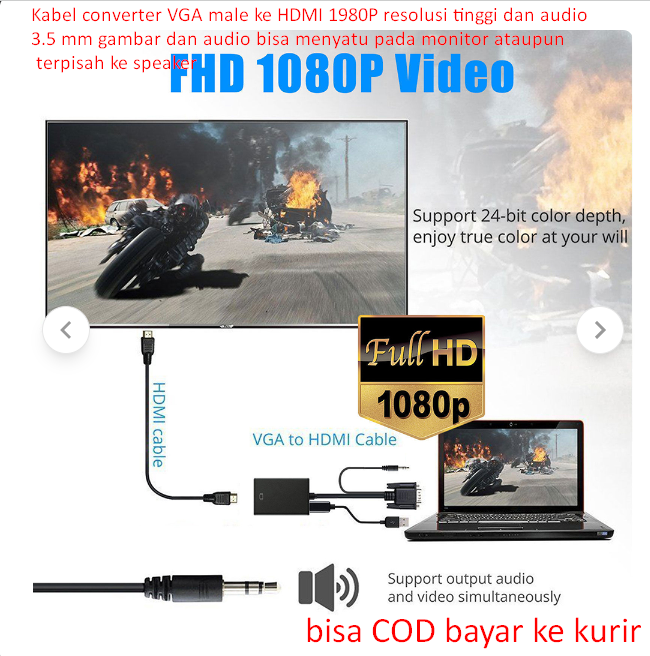Kabel converter VGA male ke HDMI 1980P resolusi tinggi dan audio 3.5 mm ...