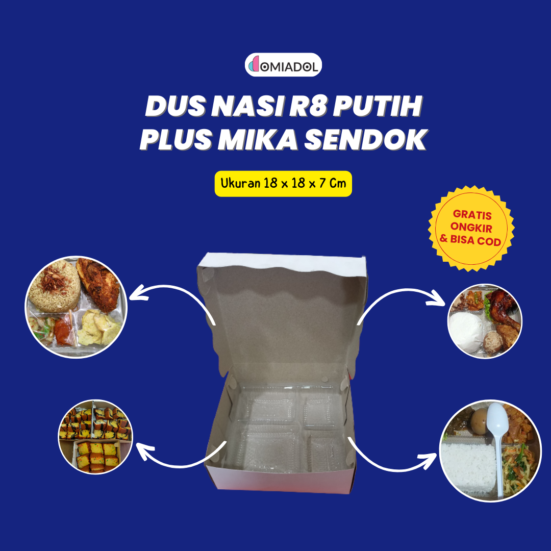 Box Dus Nasi Kotak R8 Putih Premium Plus Mika Sendok - Ukuran 18x18x7 ...