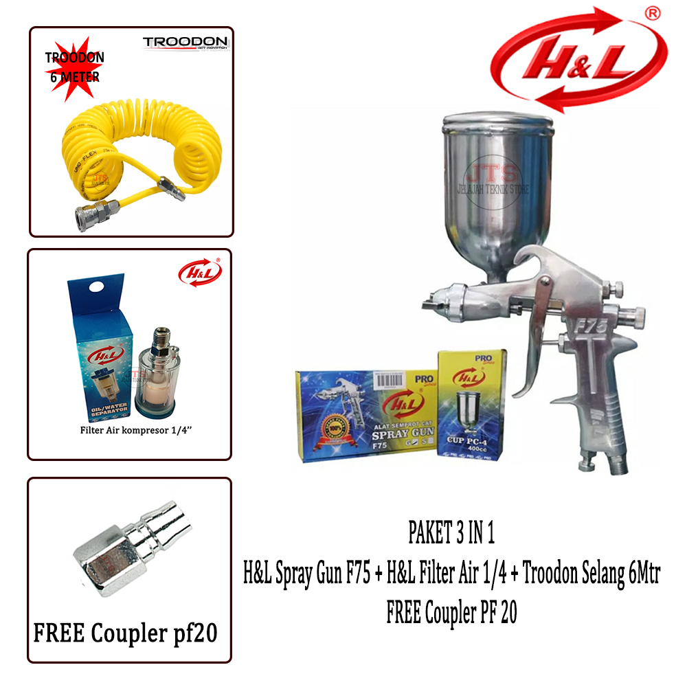 PAKET 3 IN 1 H&L Spray Gun F75G Spet Cat Tabung Atas 400cc / H&L Air ...